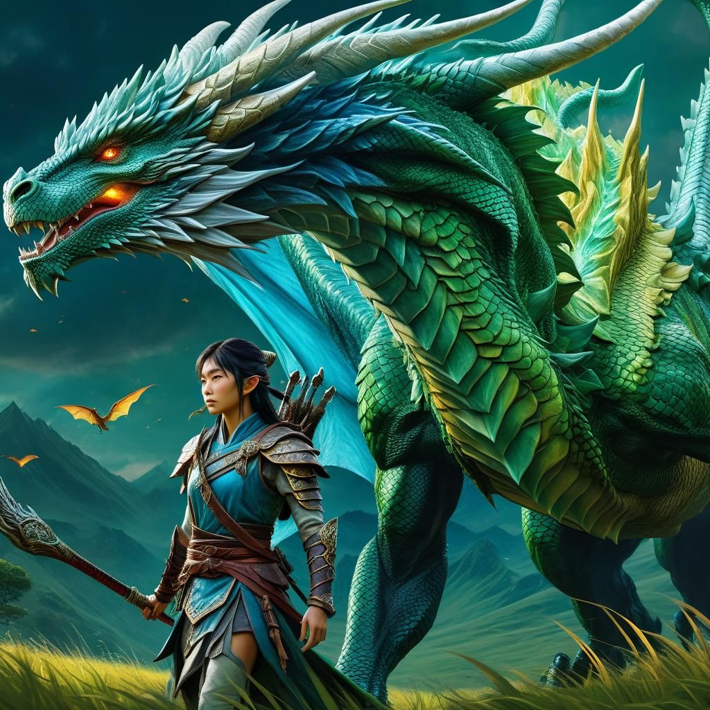 Grimdark mystic beautiful meadow elf ranger travelling alongside a majestic ryu dragon, close-up ...