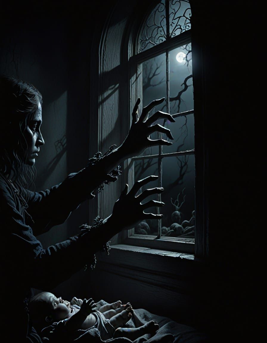 Ethereal Horror: Ghostly Hand Reaches for Infant i... - AI Art