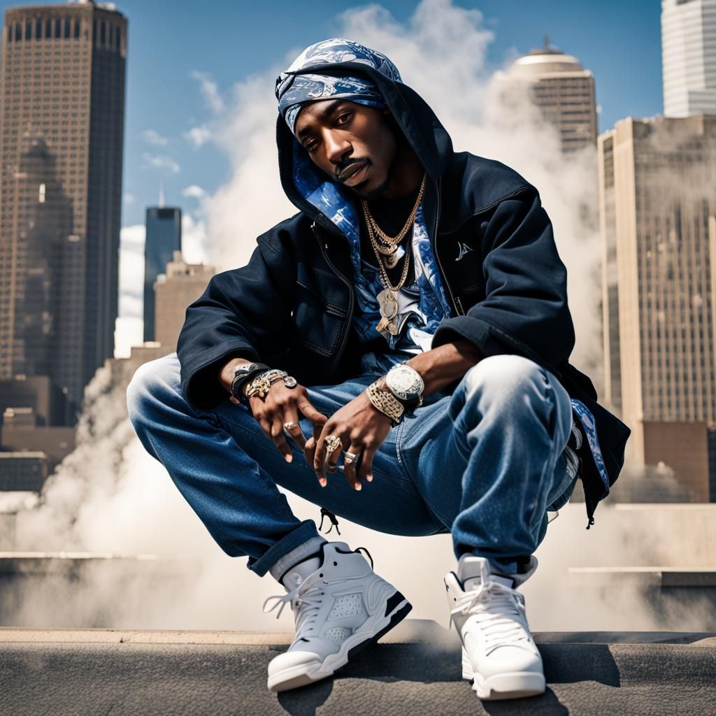 Tupac Shakur, blue bandana wrapped around head, True Religion shirt ...