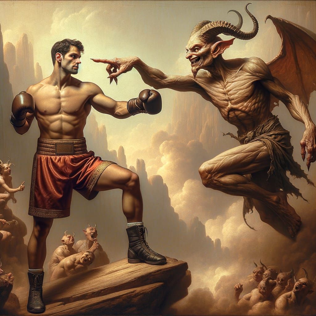 Renaissance Boxer Points Weapon at Mischievous Hor... - AI Art