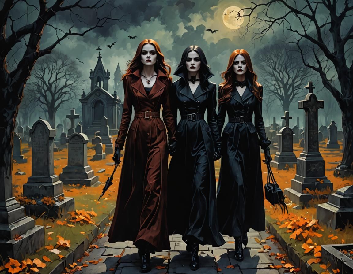vampire sisters, walking through a cemetery - AI Generated Artwork ...