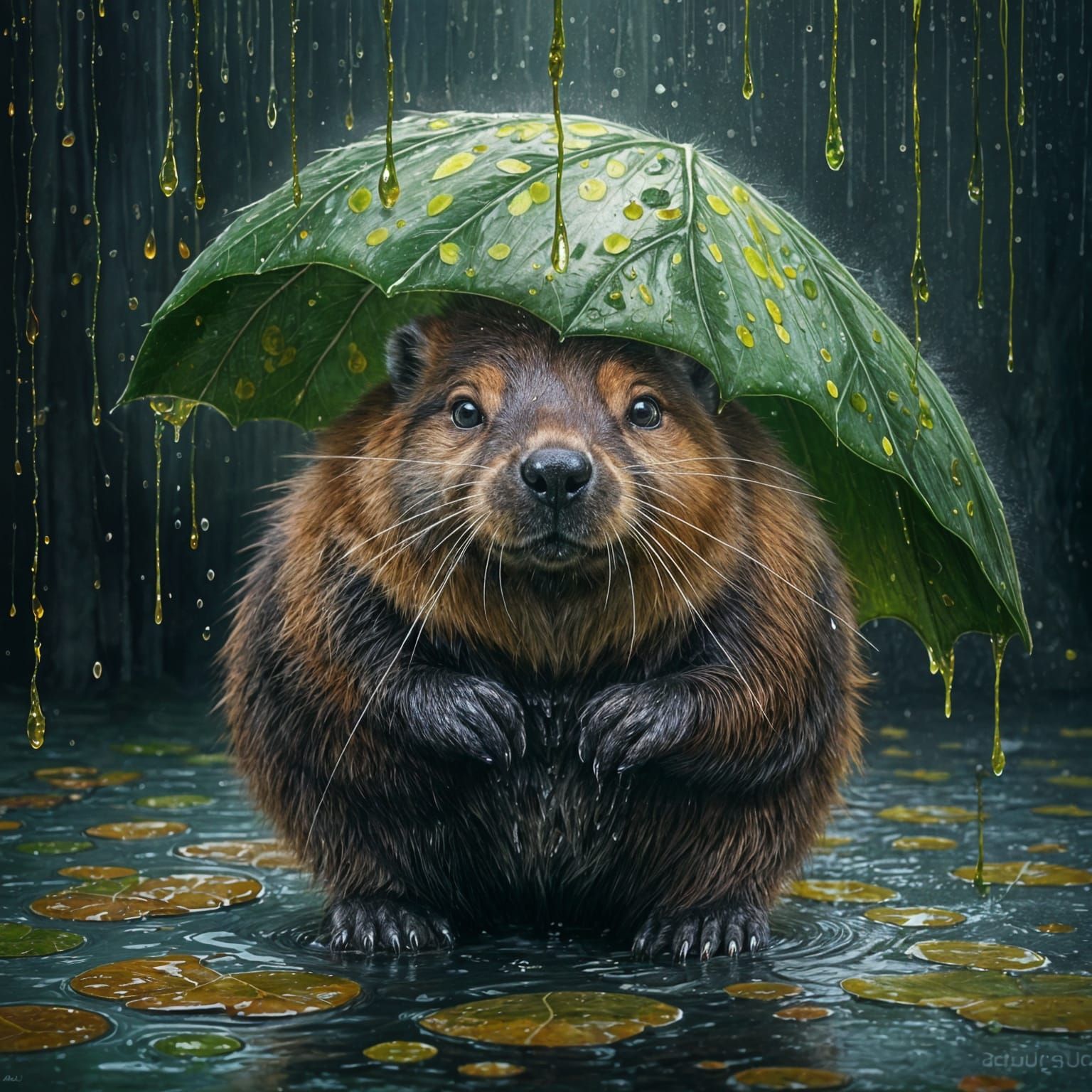 The Beaver under Dripping Paint - Whimsical Beaver Under Rai...