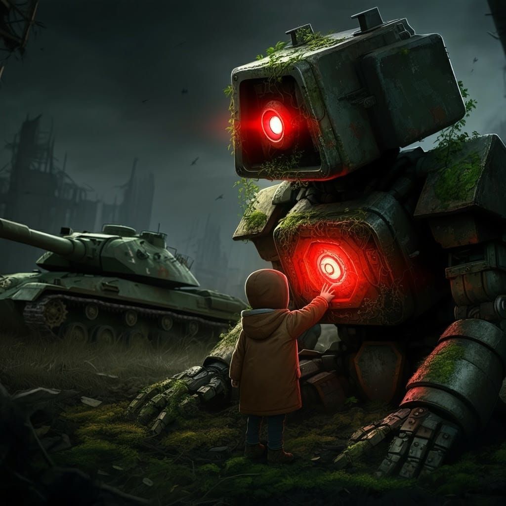 Dystopian War Zone with Destroyed Tanks and Helico... - AI Art