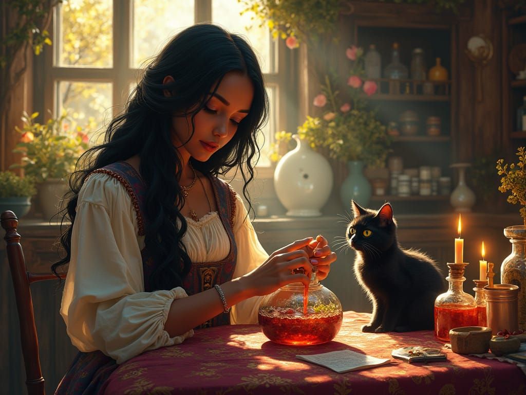 Whimsical Alchemist at Work in Sunlit Workshop - AI Art