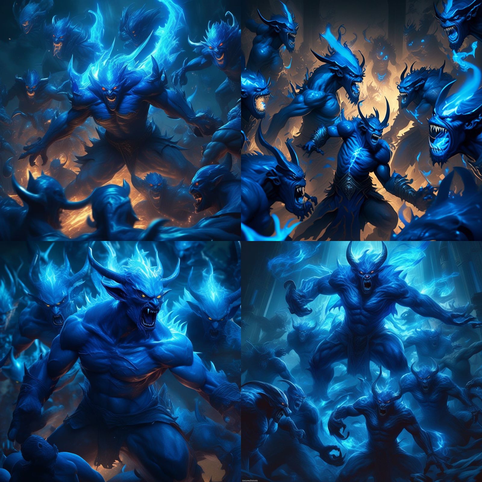 Horde of blue transparent demons, glowing blue and attacking in rage ...