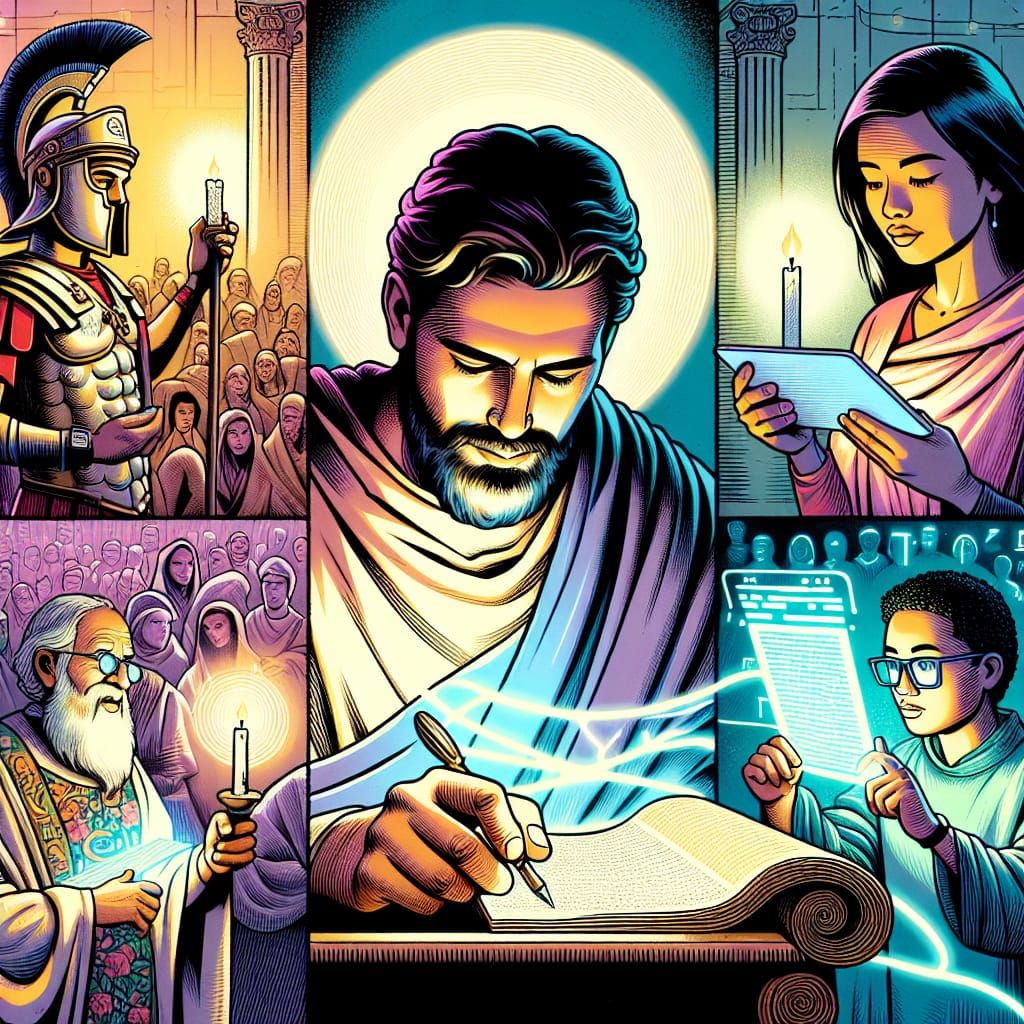 The Enduring Gospel: Apostle John Writes Under Can... - AI Art