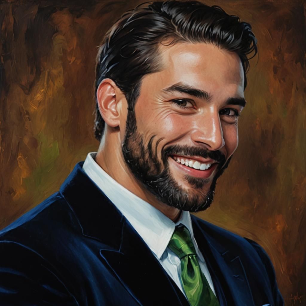 A most handsome young Spaniard with black hair and beard wearing a blue ...