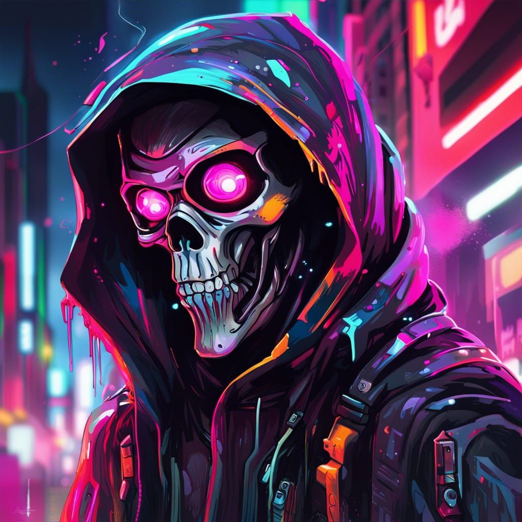 Portrait of a cyborg reaper wearing futuristic streetwear in a neon ...