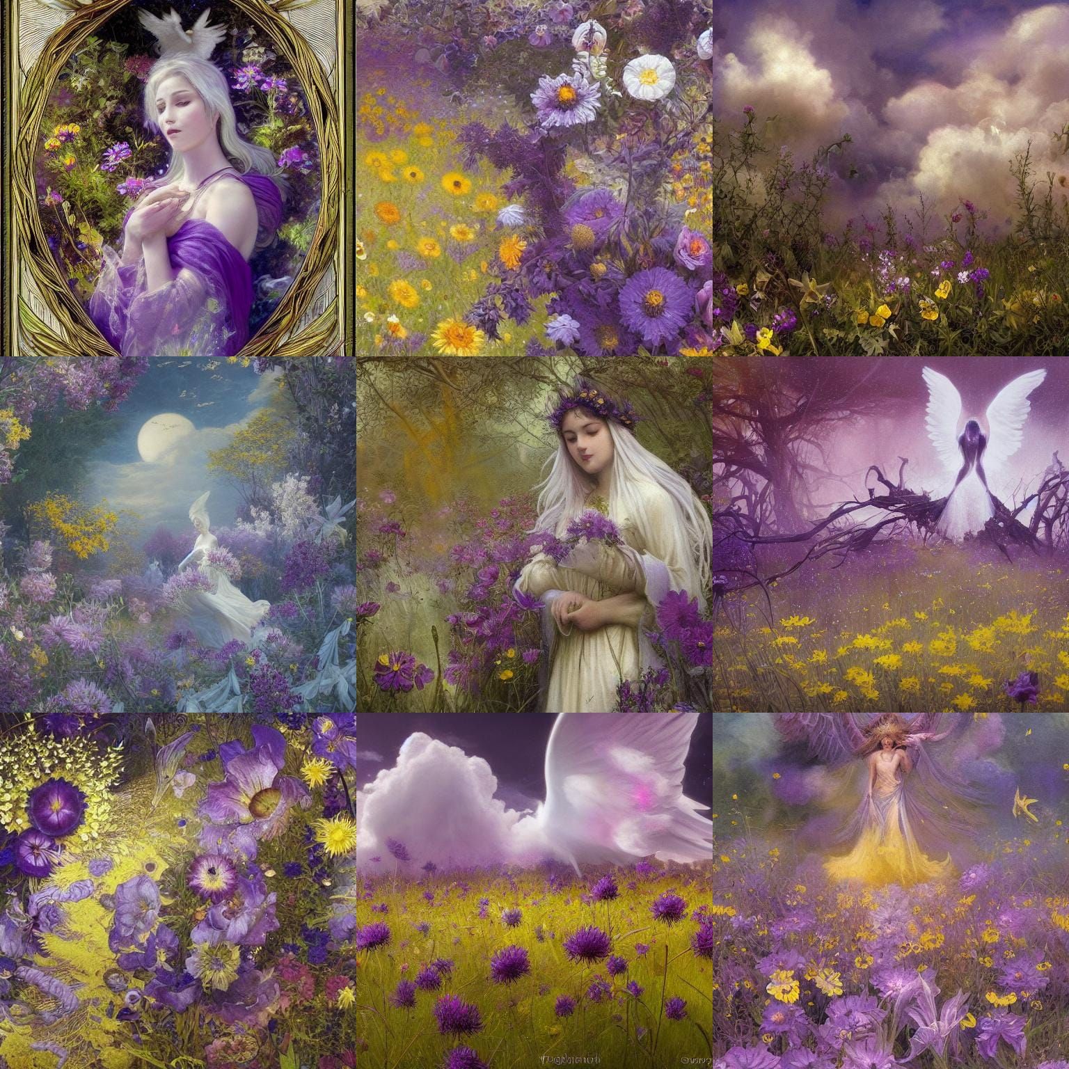 a celestial scene of angelic creatures surrounded by a meadow of ...