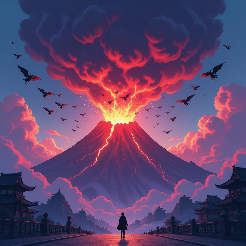 Volcano Erupting Demons in Heaven, 3D Anime Art - AI Art