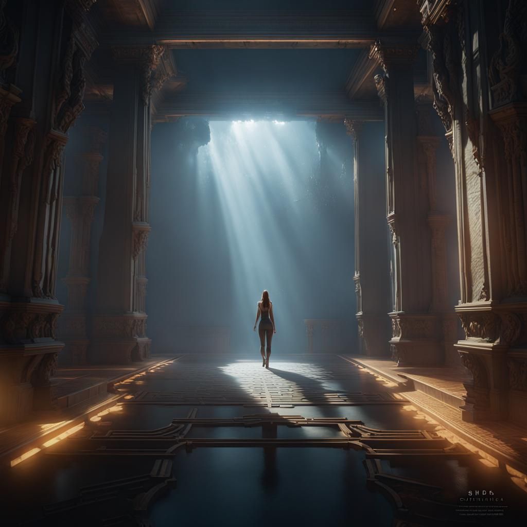 3D optical illusion the abyss, a woman standing in the light, with her ...