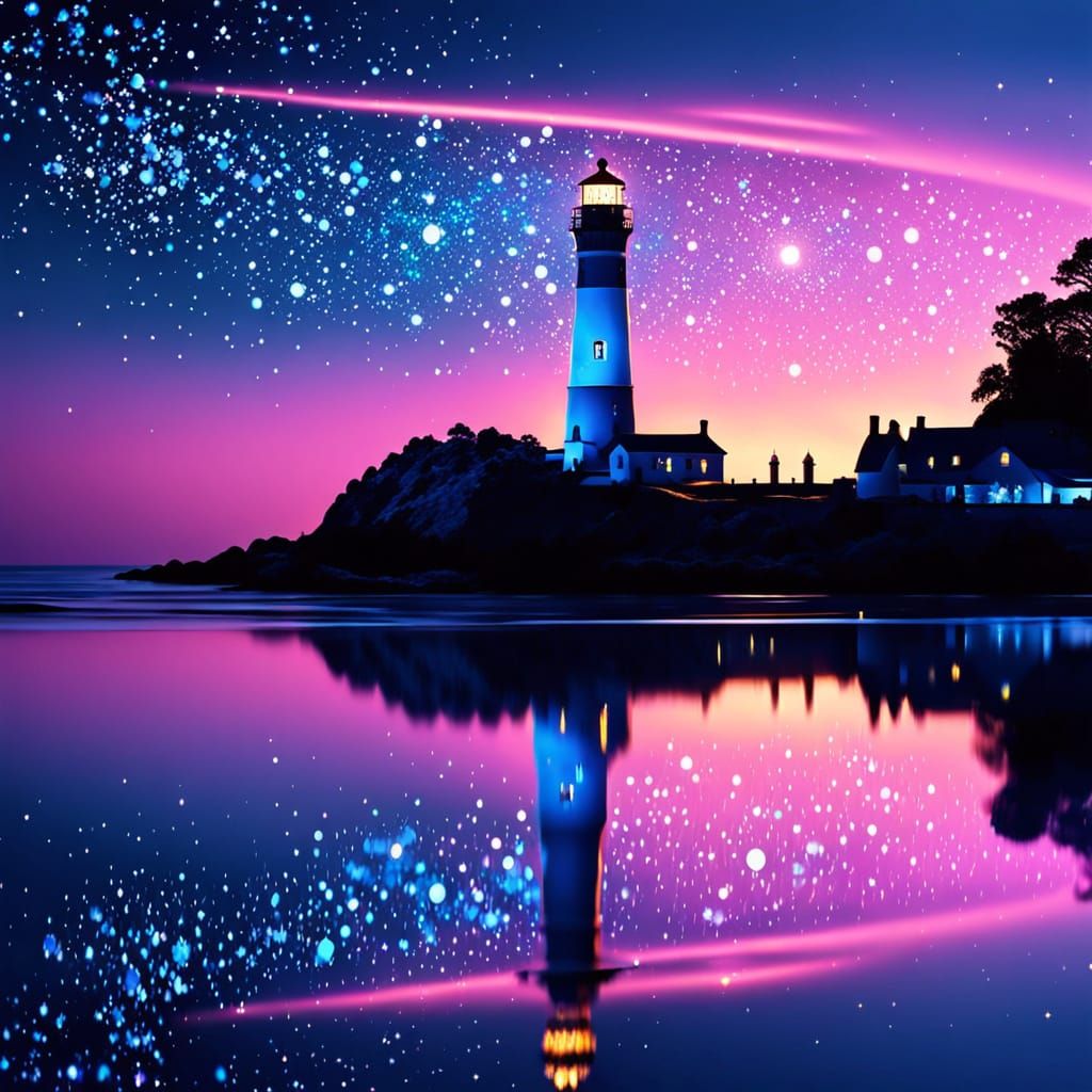 Vibrant Neon Blue Sunset with Stars and Sparkles - AI Art