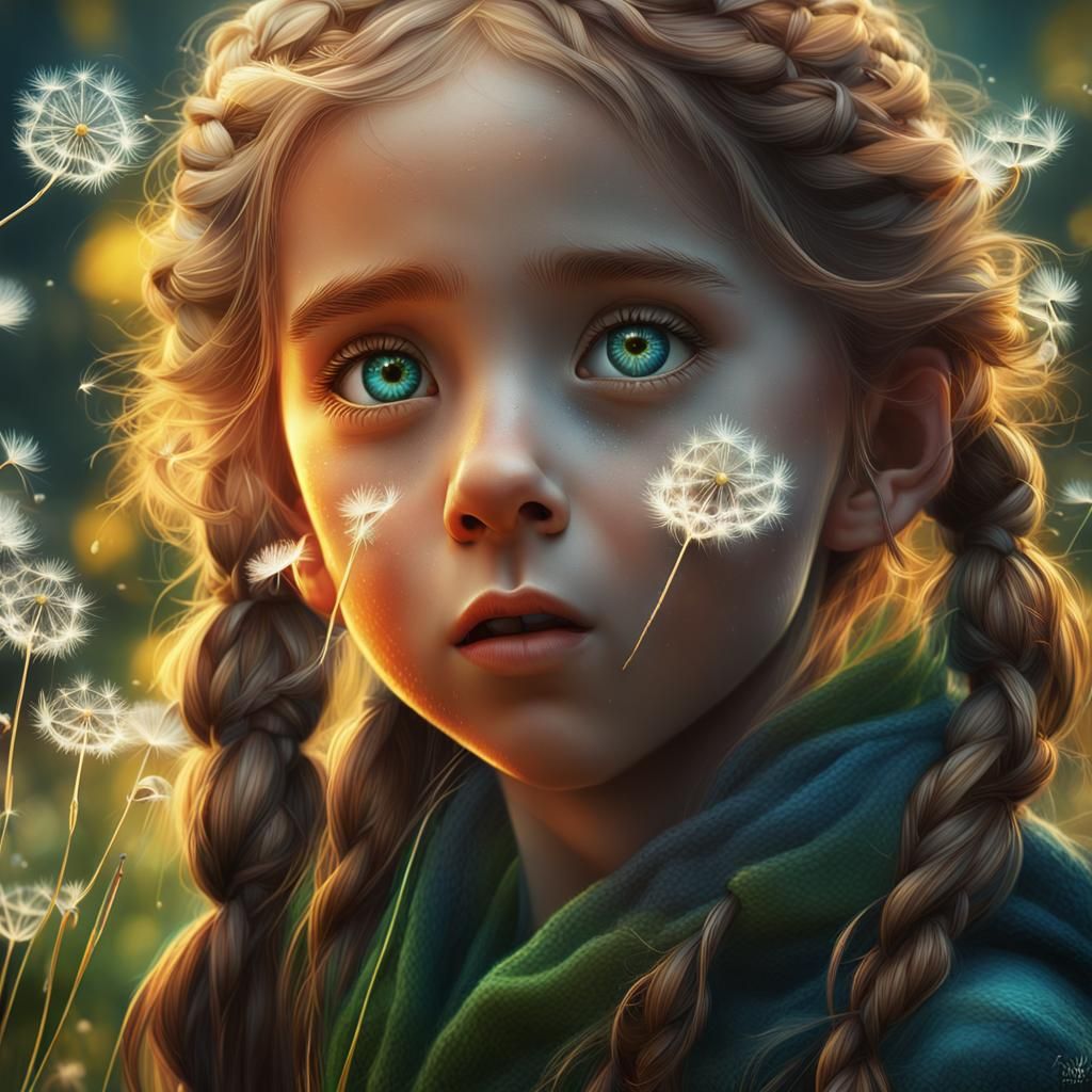 close up.young lovely Irish girl blowing dandelion seeds into the air ...