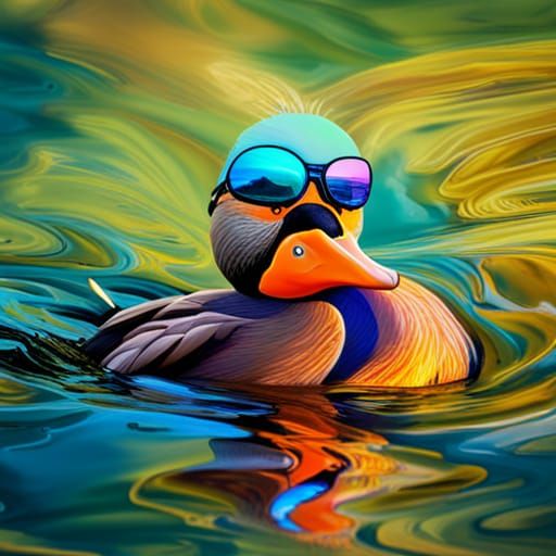 A neon coloured duck wearing sunglasses in a pool. Sharp focus, splash ...