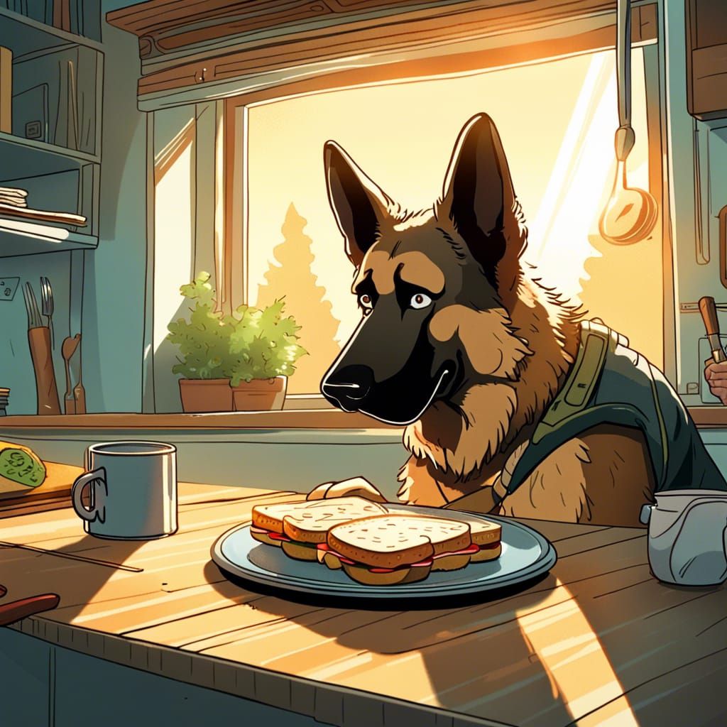 A grumpy german shepherd is stealing a sandwich from the plate on the ...