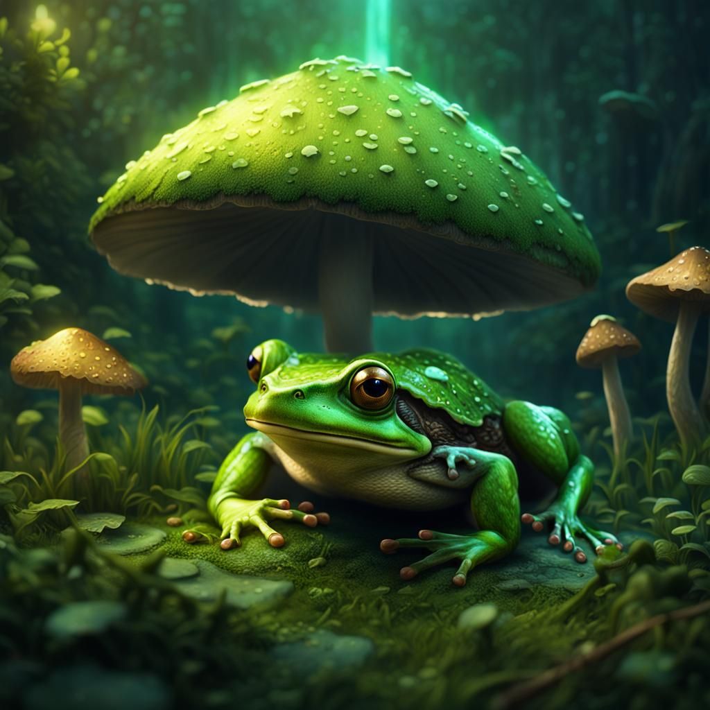 frog under a green glowing mushroom Epic cinematic brilliant stunning intricate meticulously ...