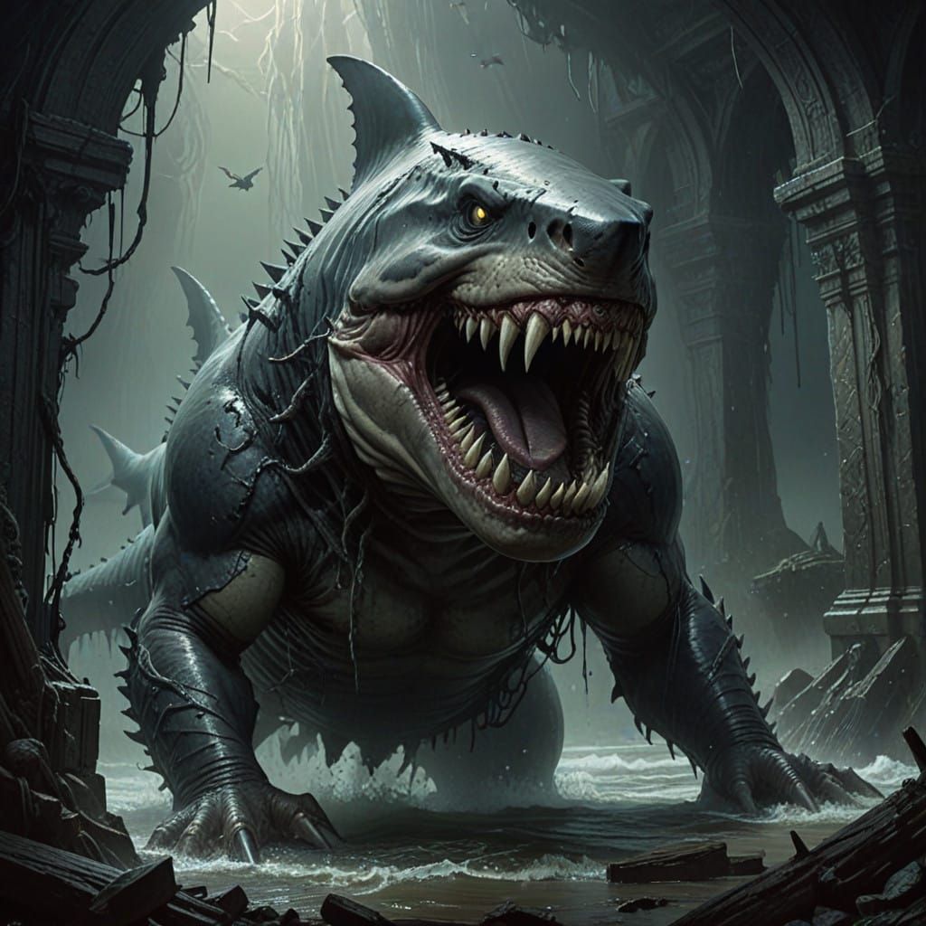 Gothic Horror Shark Troll with Bioluminescent Maw - AI Art