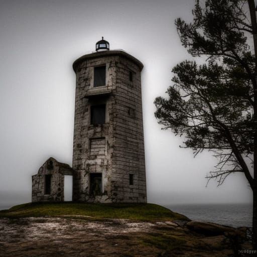 an abandoned ruined haunted lighthouse on a rock in a bad storm - AI ...