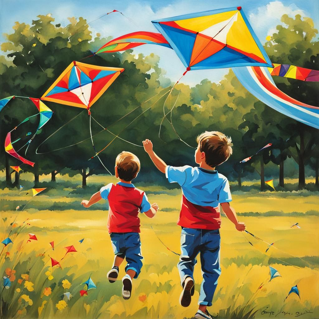 Boys flying kites - AI Generated Artwork - NightCafe Creator