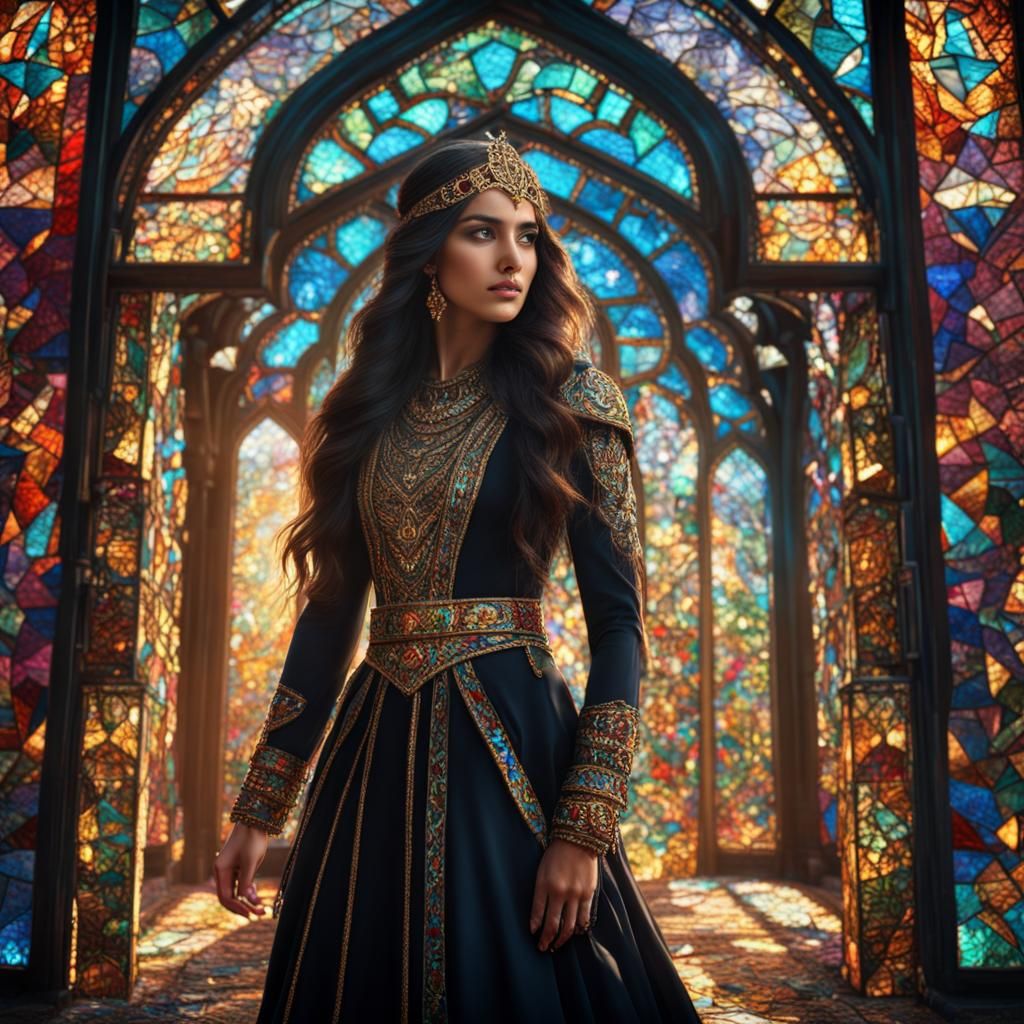 Beautiful Middle eastern princess stepping out of shattered stained ...