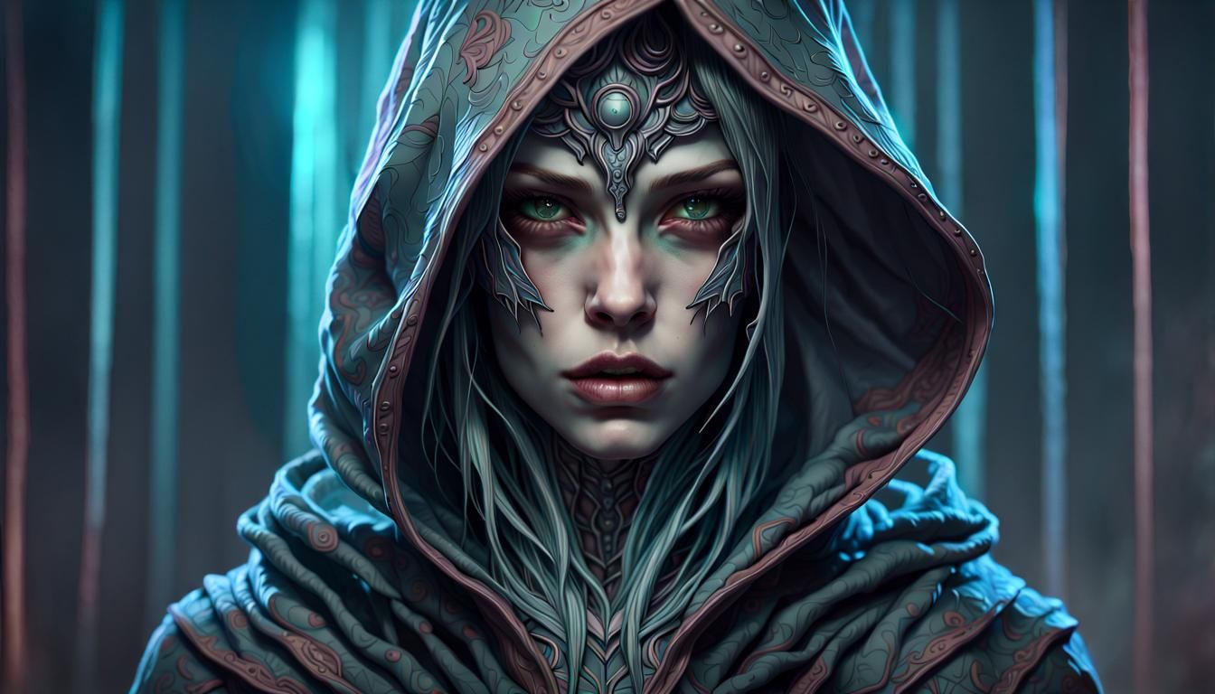 Hooded alien creature goth girl head and shoulders portrait, 8k ...