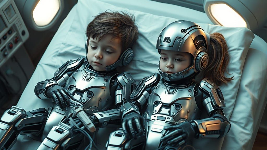 Cyborg Awakening in Metallic Silver Armor, Cinemat... - AI Art