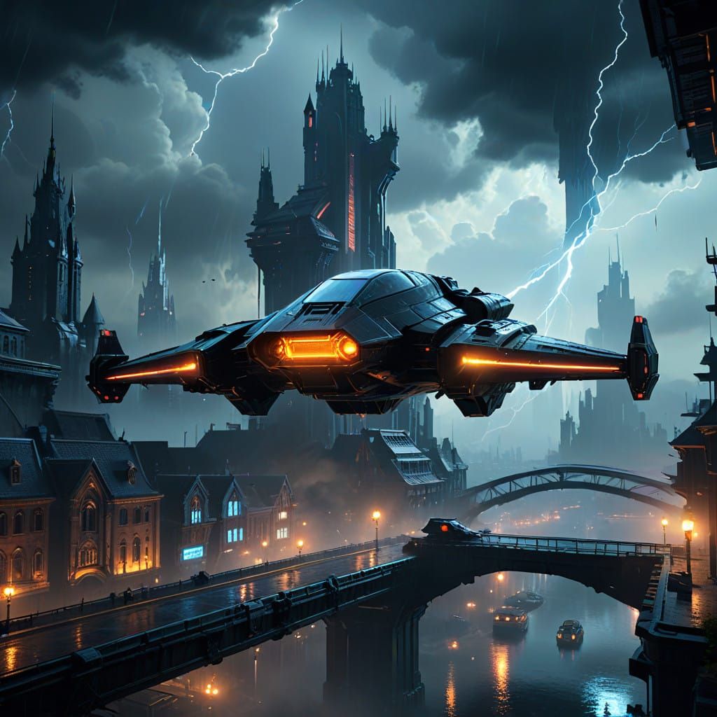 Cyberpunk Spacecraft Soars Over Ominous Bridge Cas... - AI Art