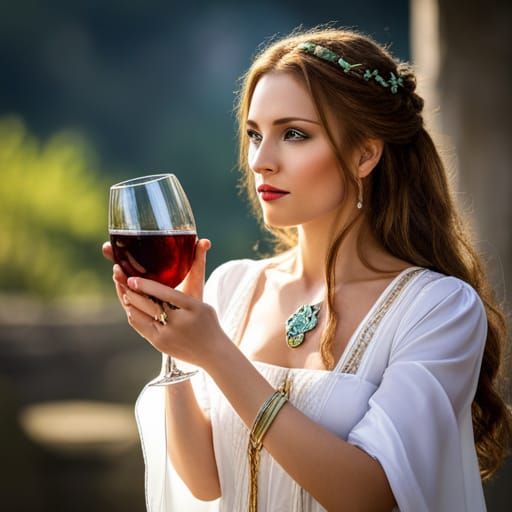 Beautiful medieval lady in fine medieval clothing drinking red wine ...
