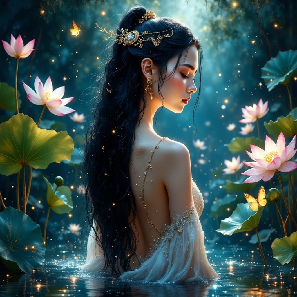 Lotus flowers magic - Ethereal Fantasy Queen Amidst Lotus Bl...