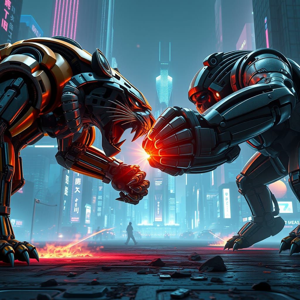 Mecha Tiger Engages Futuristic Metropolis with Mec... - AI Art