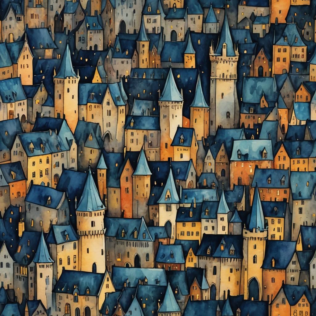 Medieval city at night watercolour abstract art complementary colors ...