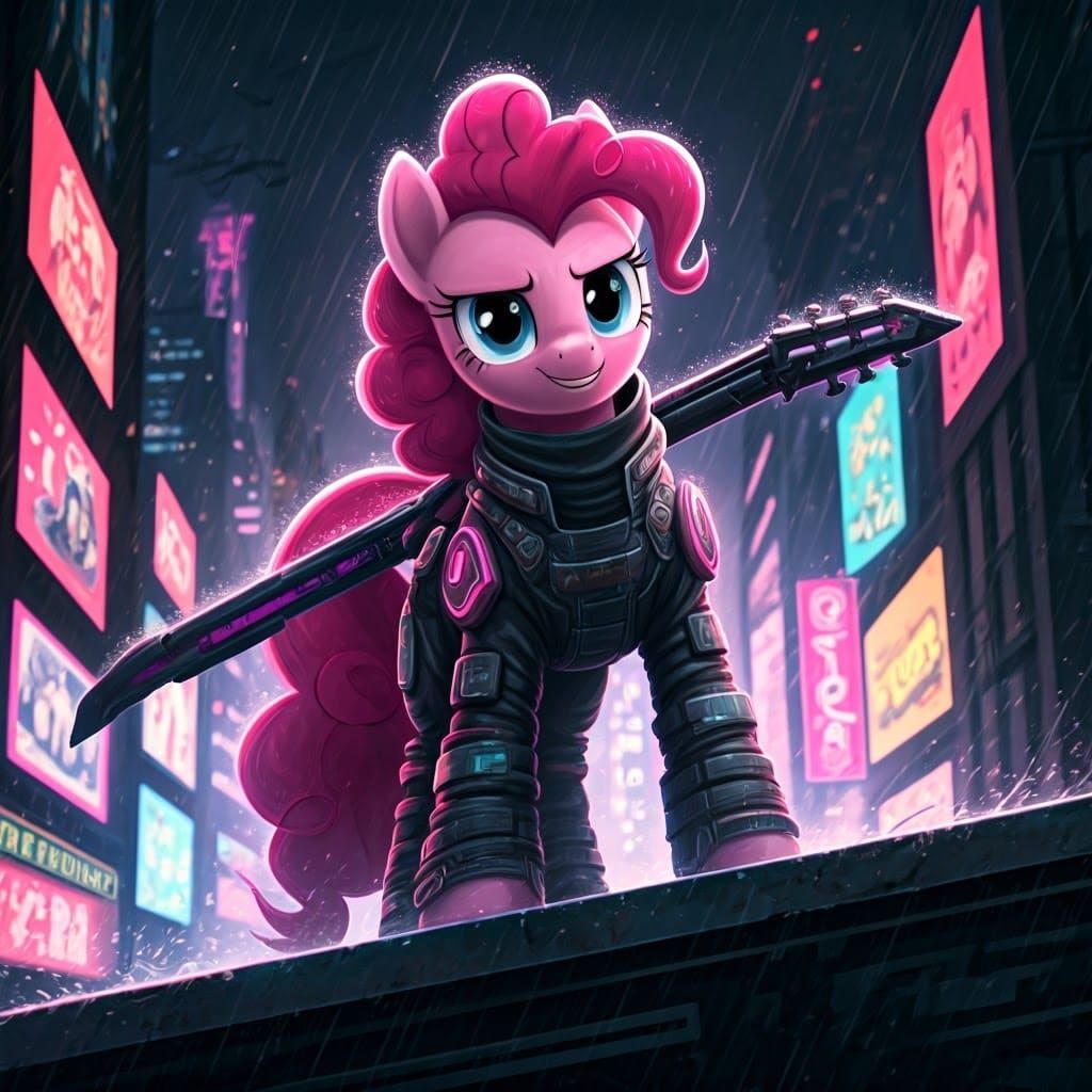 Cyberpunk Ninja Pony Rocks the Cityscape - AI Art