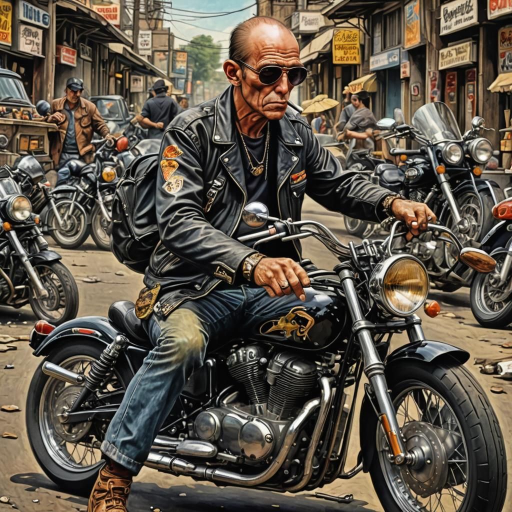 Anime Hunter S Thompson getting stoned sitting on his Vincent Black ...