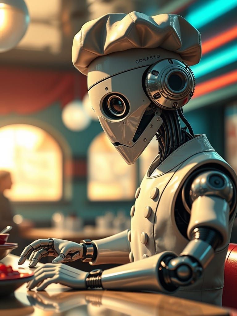 Robotic Chef - Surreal Cyberpunk Chef in a Whimsical Diner