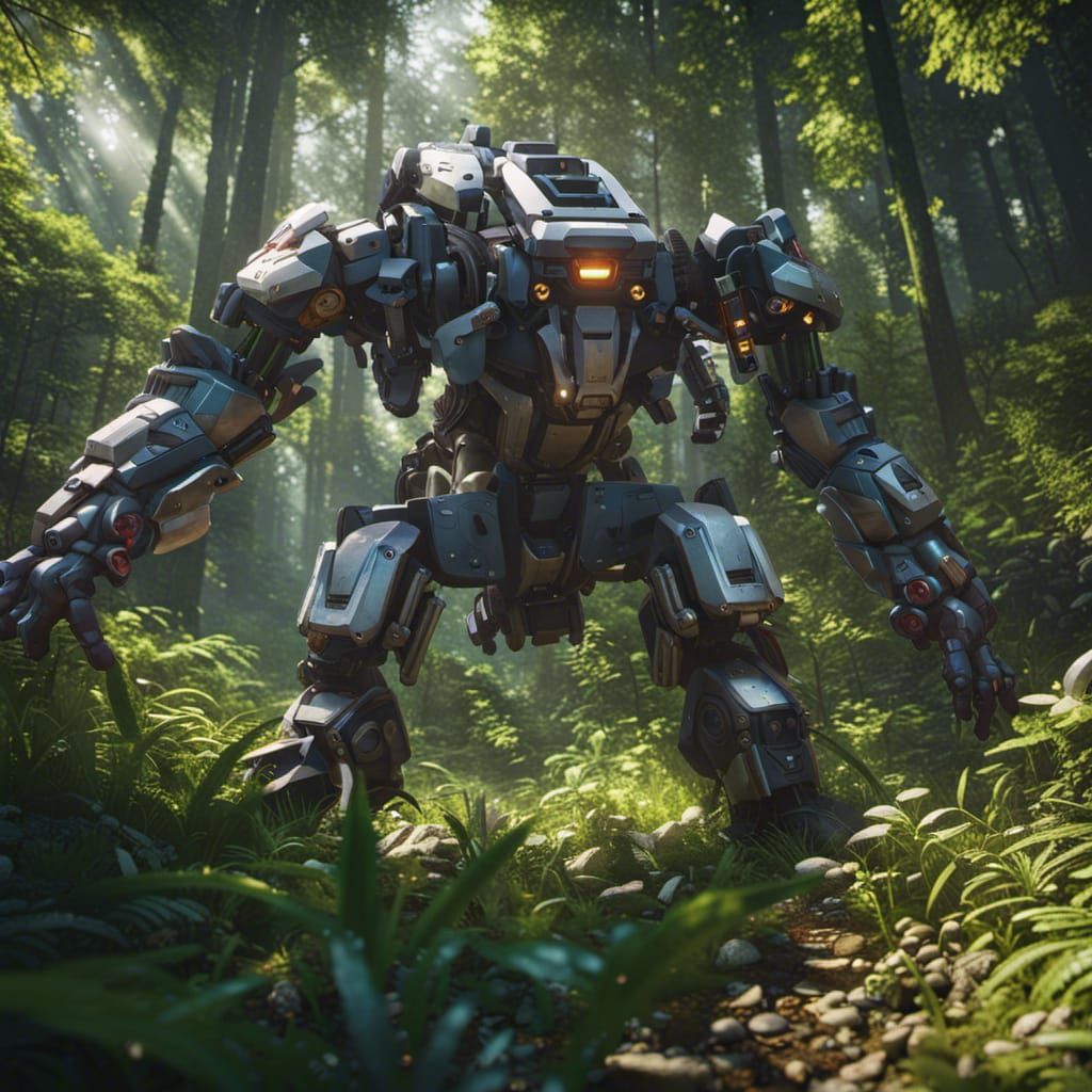 A powerful, brutish humanoid combat Mech advancing through a lush ...