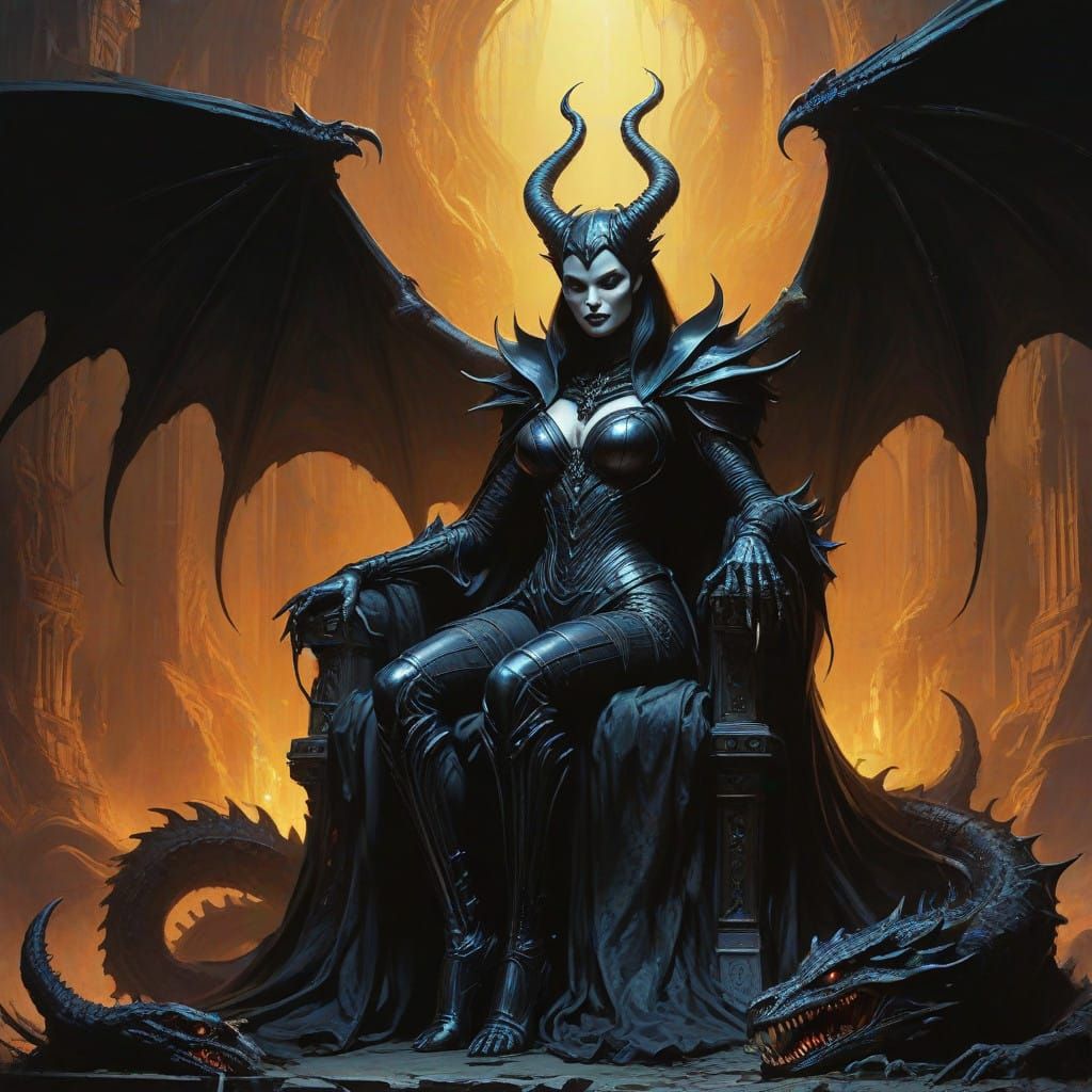 Maleficent with a dragon behind - Evil Sorceress Seated on D...