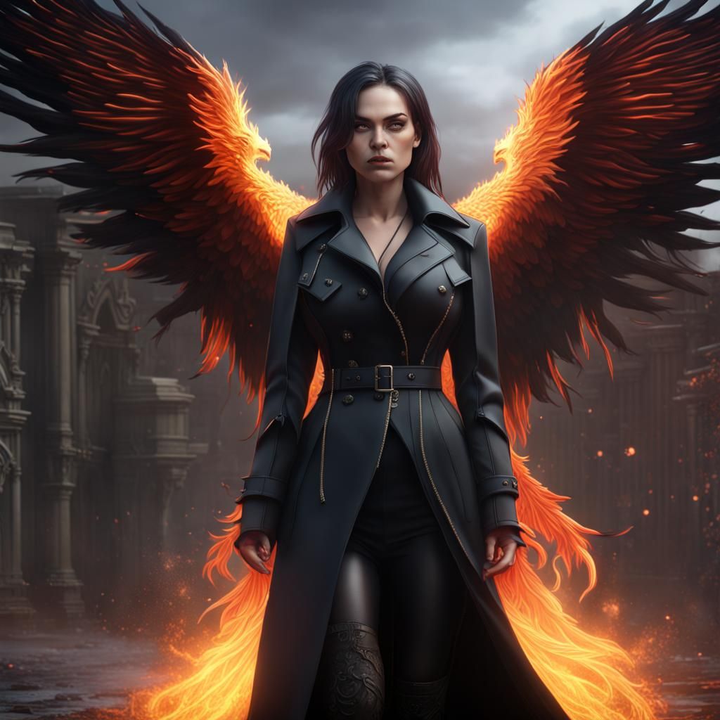 Gothic female Phoenix wearing black trench coat - AI Generated Artwork ...