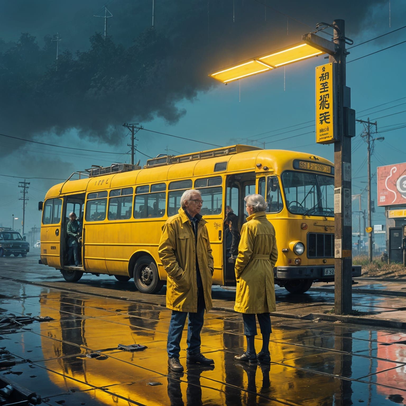 Cyberpunk Bus Stop Scene With Solar Power - AI Art