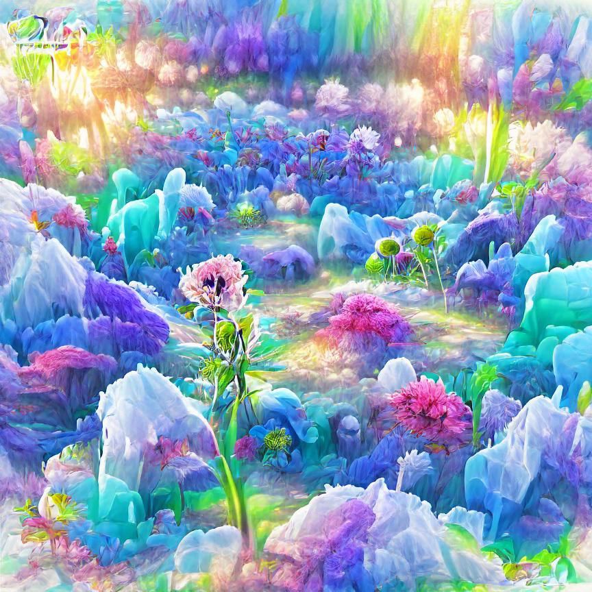 A meticulously composed render of a flowery meadow made from vapors of ...