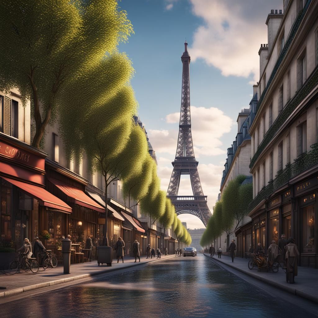 street in paris with the eiffel tower in the background - AI Generated ...