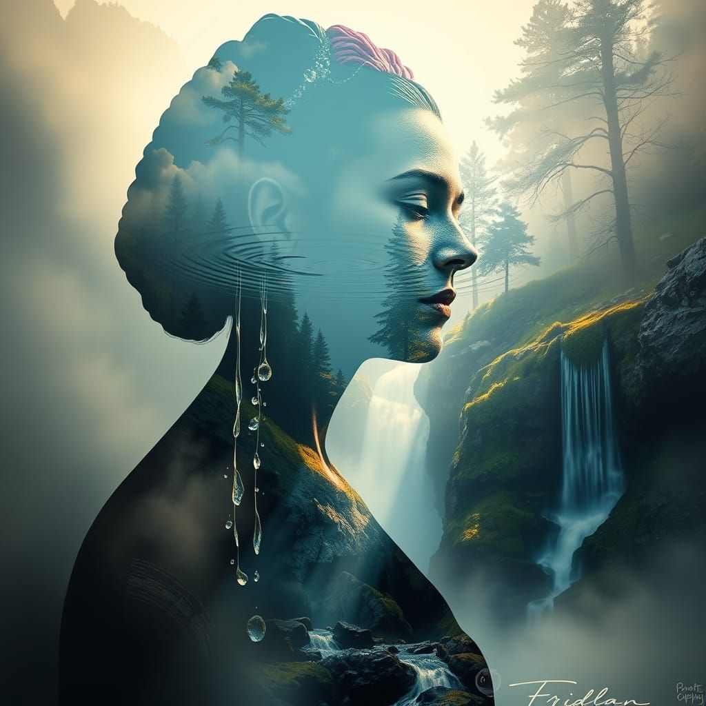 Silhouette of Frida Kahlo. Waterfall cascading down her face.