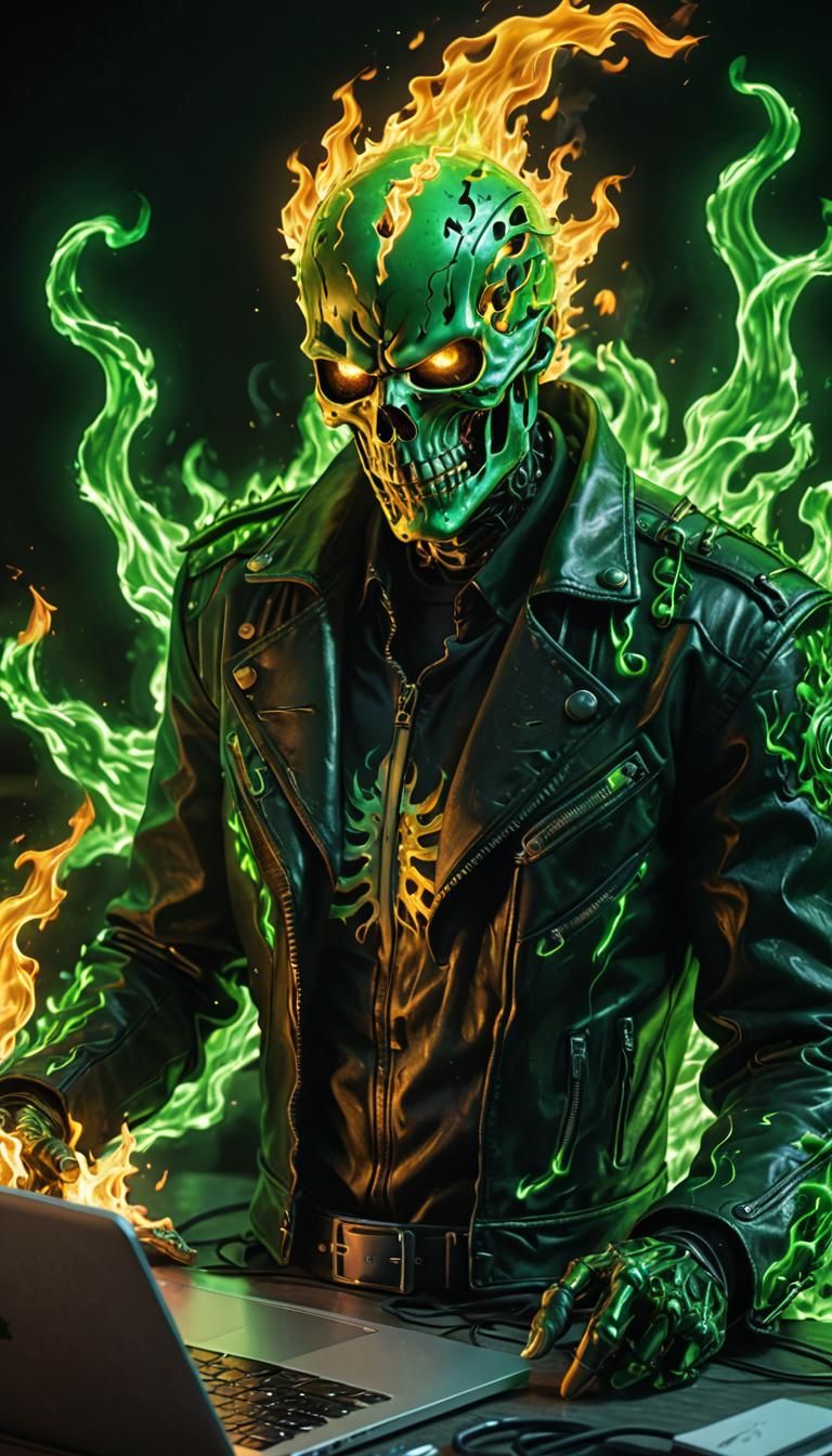 Ghost rider as a freelance ghost writer in front of a laptop with (only ...