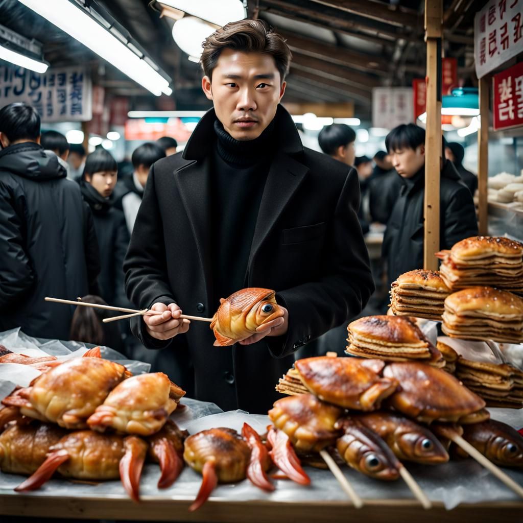 Man sampling Korean fish on stick at local market in Korea - AI ...