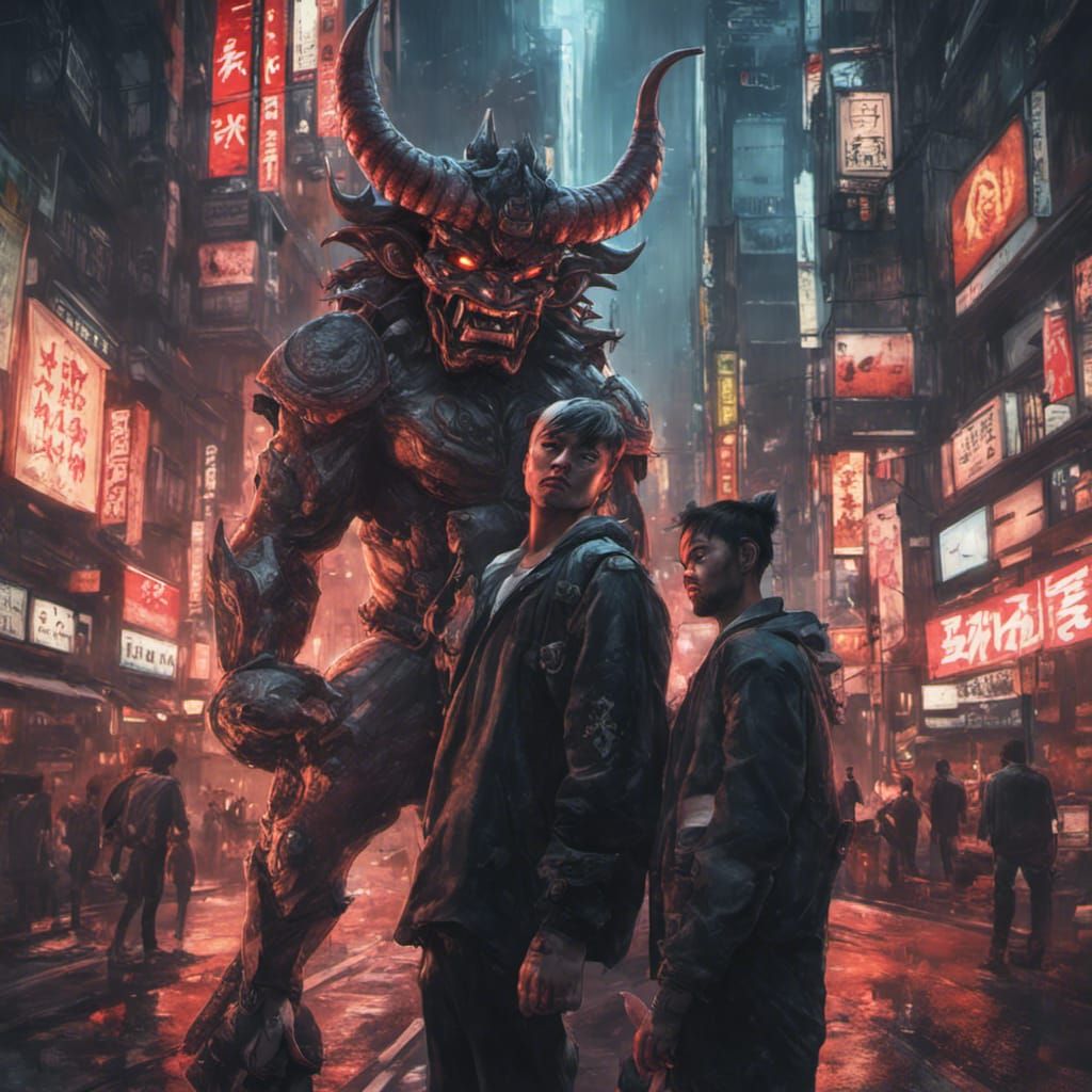 young man taking a selfie with an oni in the center of tokyo, cyberpunk ...