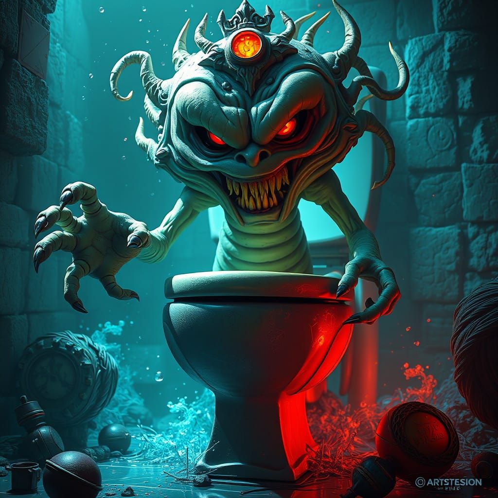 Toilet monster - Fantastical Toilet Monster in Deep, Vibrant...