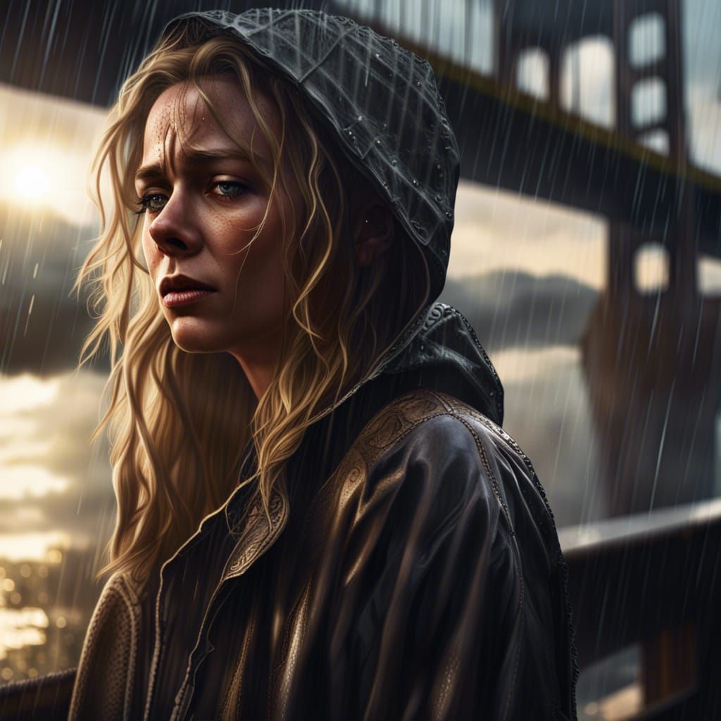 Woman crying in the rain standing beside a bridge in Pittsburgh, sun ...