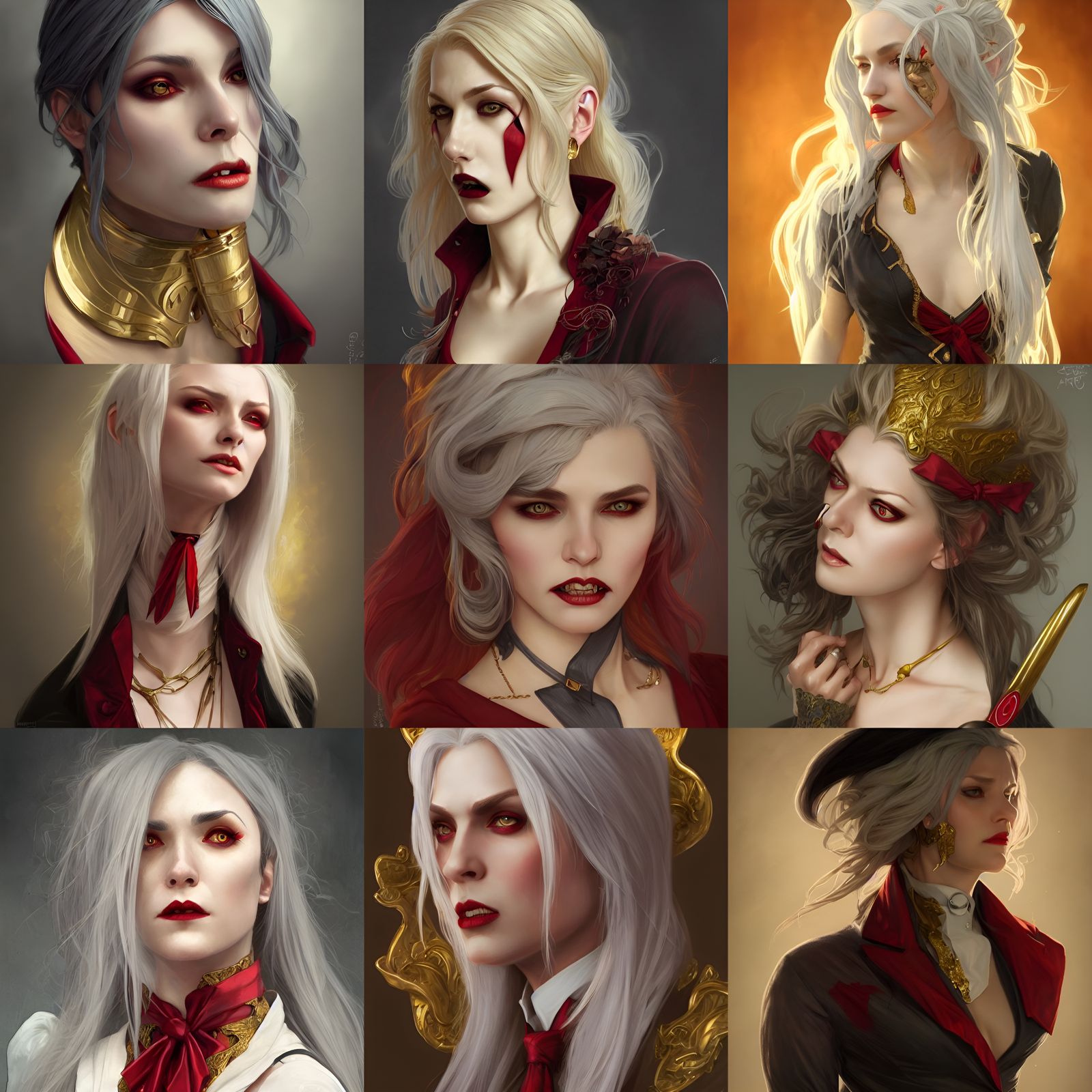 female vampire, perfect face, gold waistcoat, long grey hair, red ...