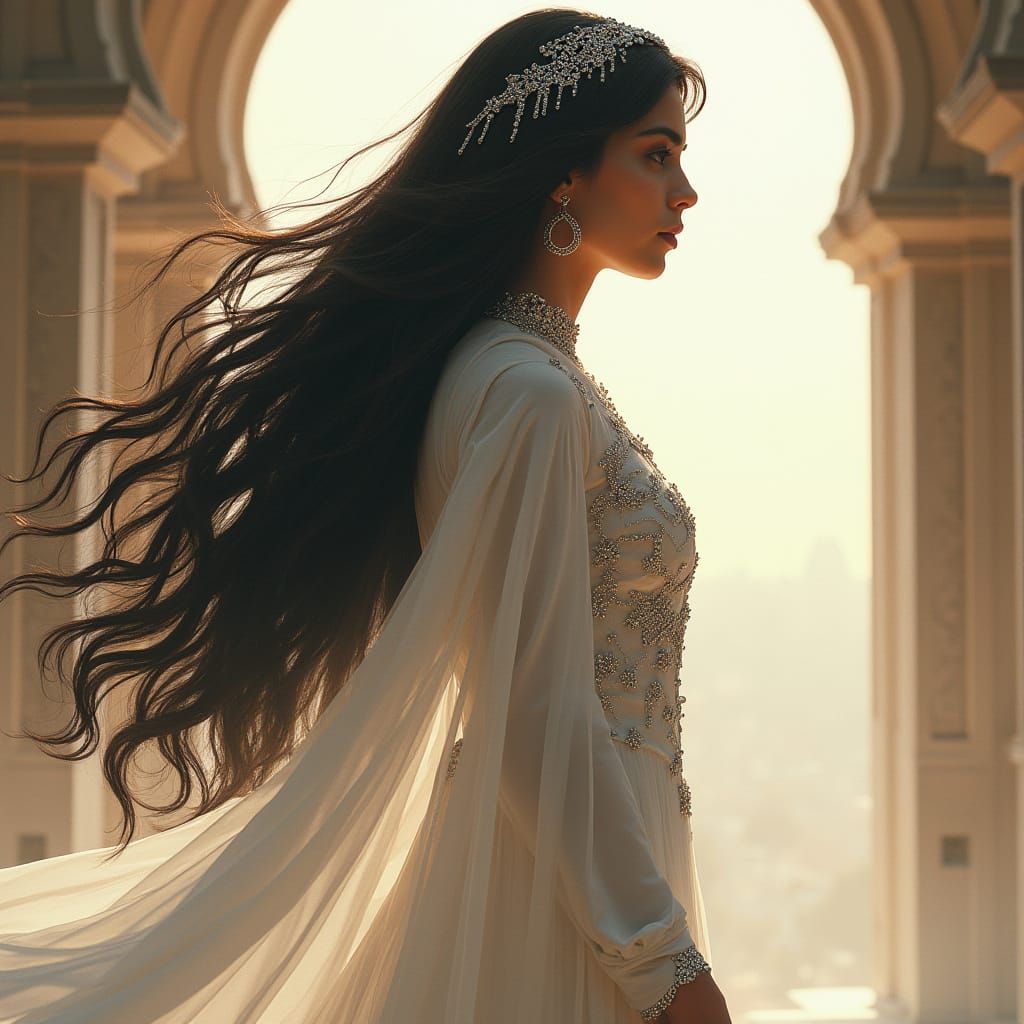 A realistic, Iranian girl hero with a superpower of her long hair ...