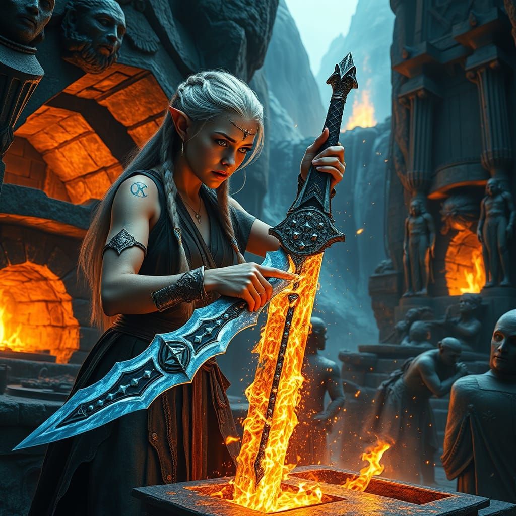 The legendary elven blacksmith, her silver hair bound in a crown of ...
