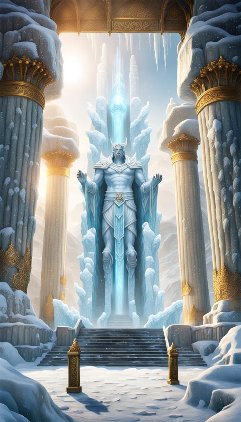 an ice Titan stands in the center of the herculean sky temple to be ...